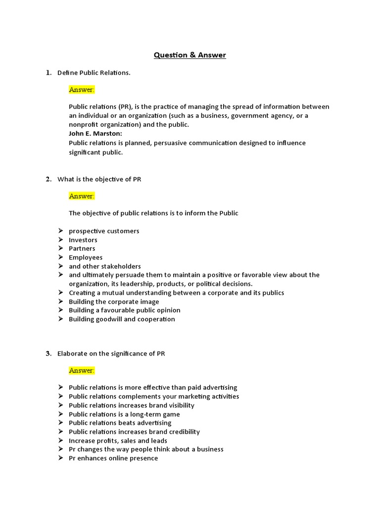 PR - Question & Answer IV SEM | PDF | Public Relations | Reputation