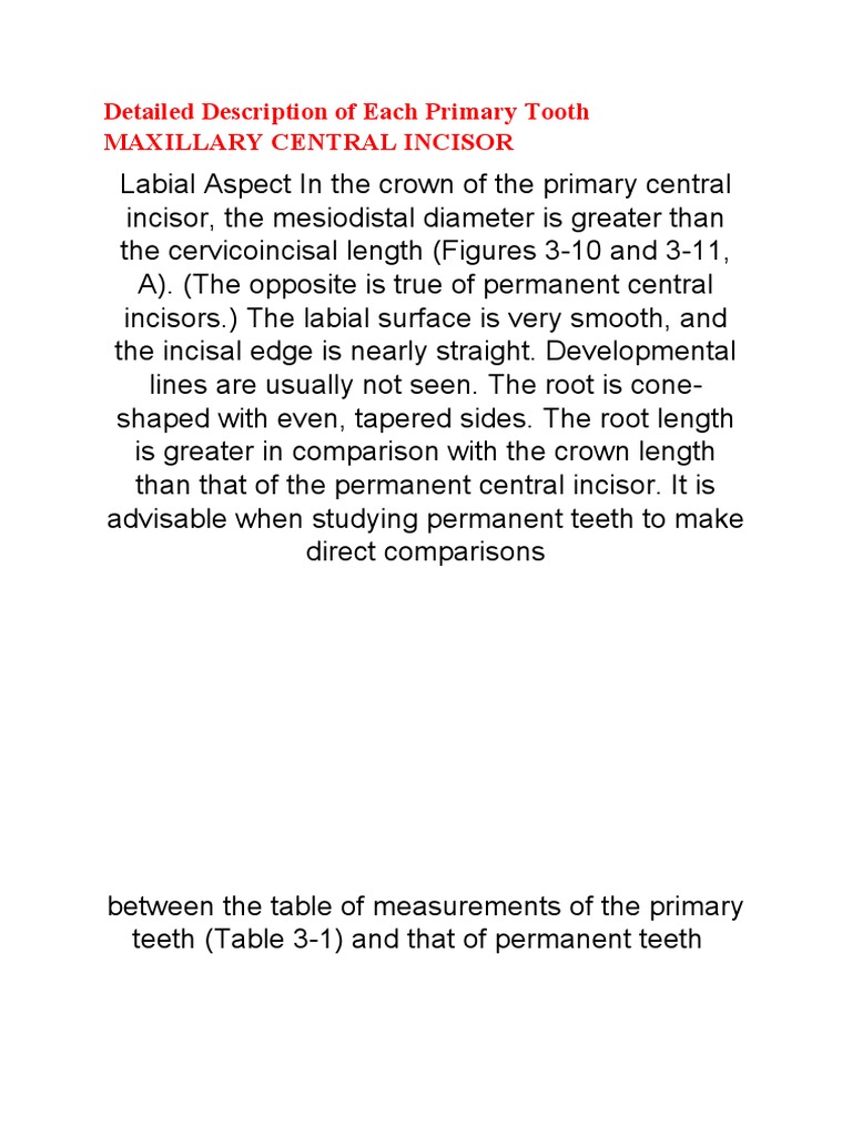 Detailed Description of Each Primary Tooth MAXILLARY CENTRAL INCISOR ...