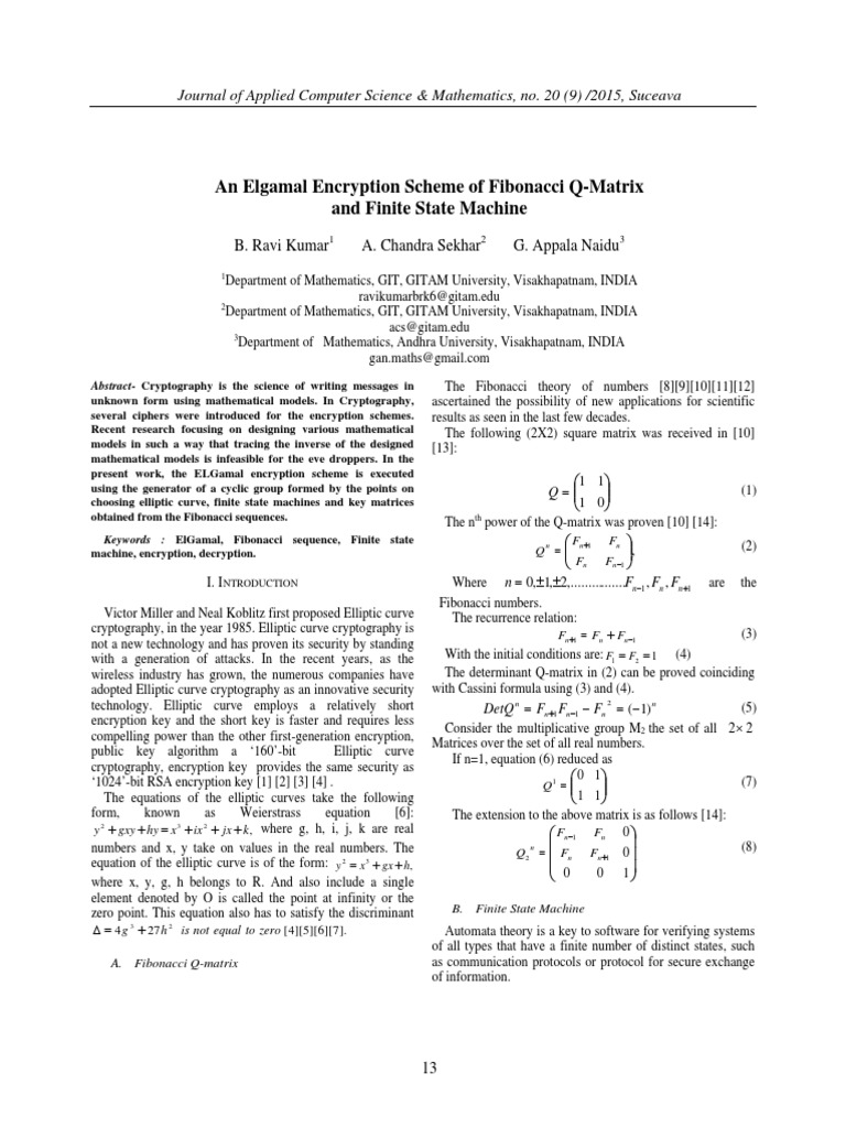 An Elgamal Encryption Scheme Of Fibonacci Q Matrix And Finite State Machine Pdf Cryptography