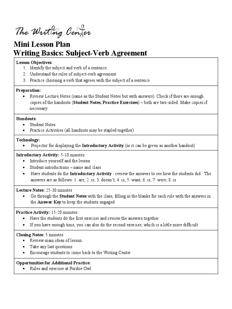 Mini Lesson Plan Writing Basics: Subject-Verb Agreement | PDF ...