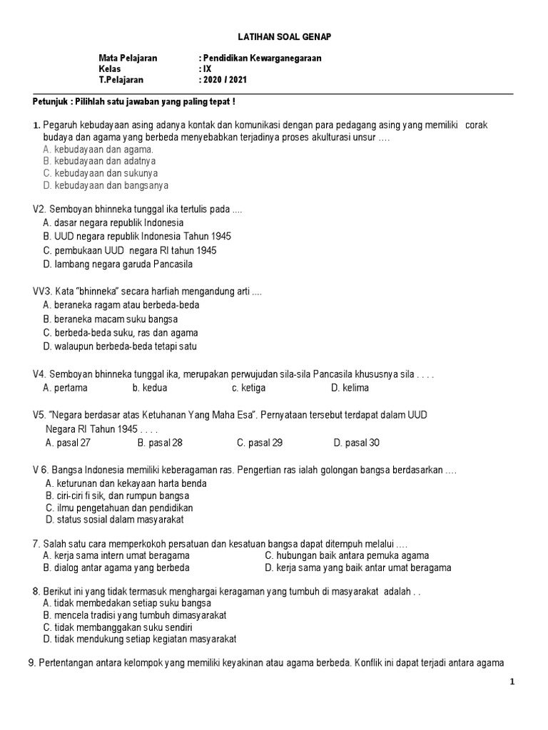 Latihan Soal PKN Kelas IX 2020/2021 | PDF