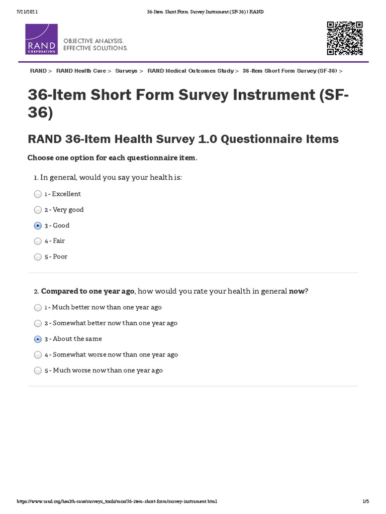 36-Item Short Form Survey Instrument (SF-36) - RAND | PDF | Psychology ...