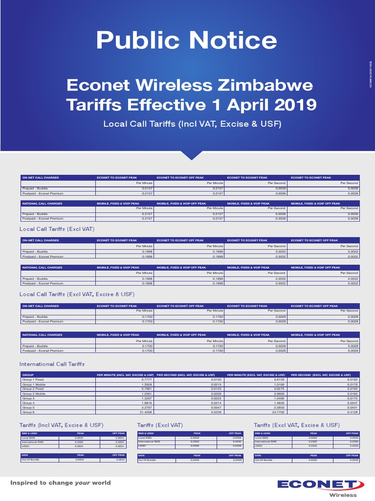 Econet Tarrif Effective 1 April 2019 | PDF | Services (Economics ...