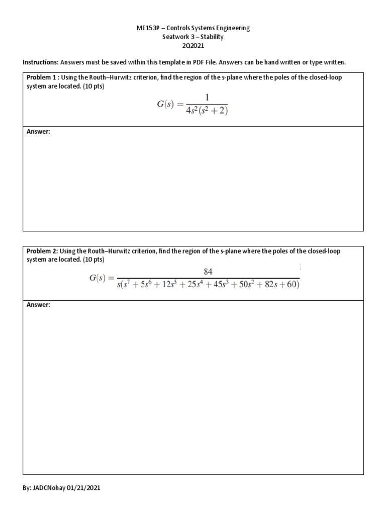ME153P Seatwork 3 (Stability) | PDF | Technology & Engineering
