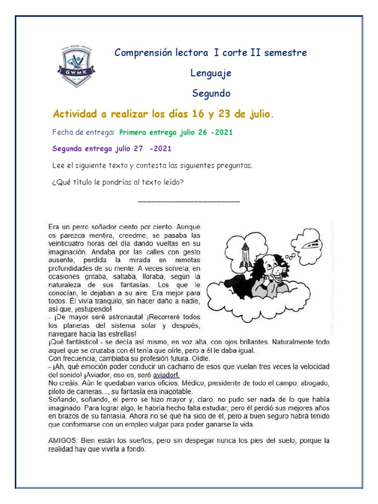 Comprensión Lectora Segundo, I Corte II Semestre | PDF | Artes del ...