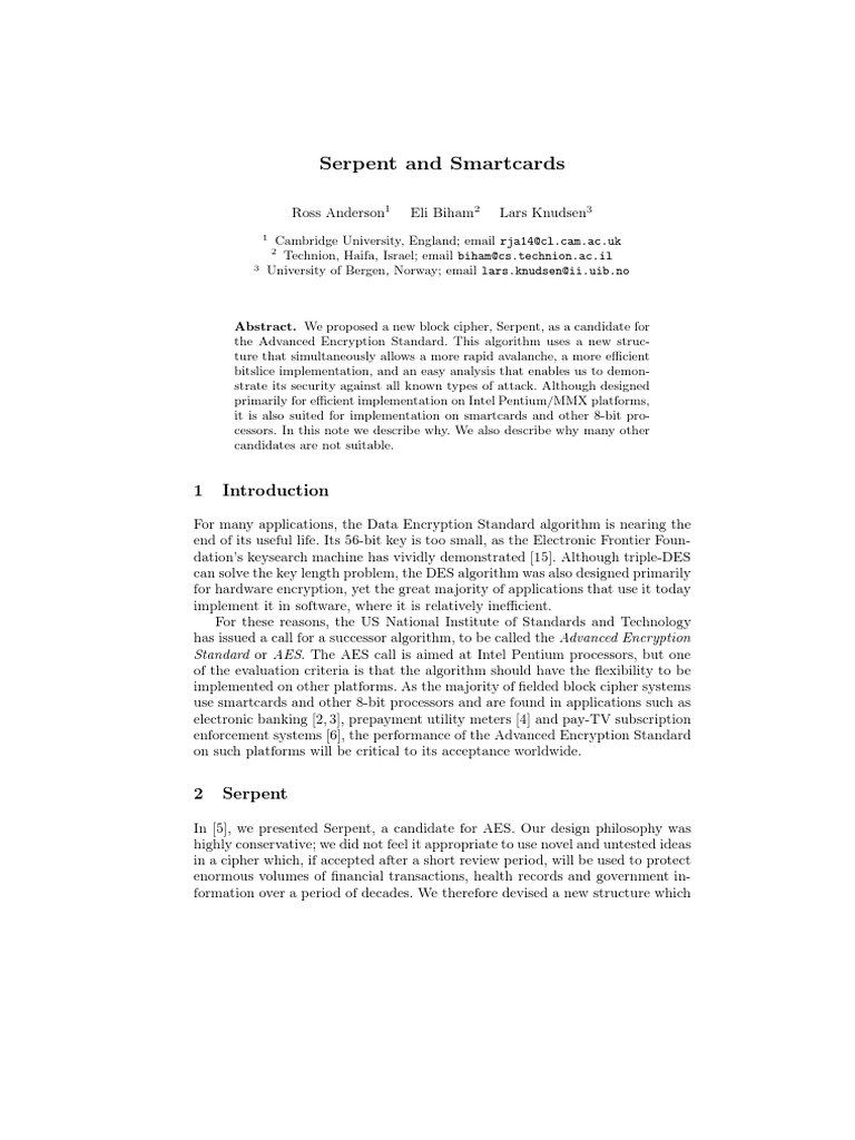 Serpent and Smartcards: Abstract. We Proposed A New Block Cipher ...