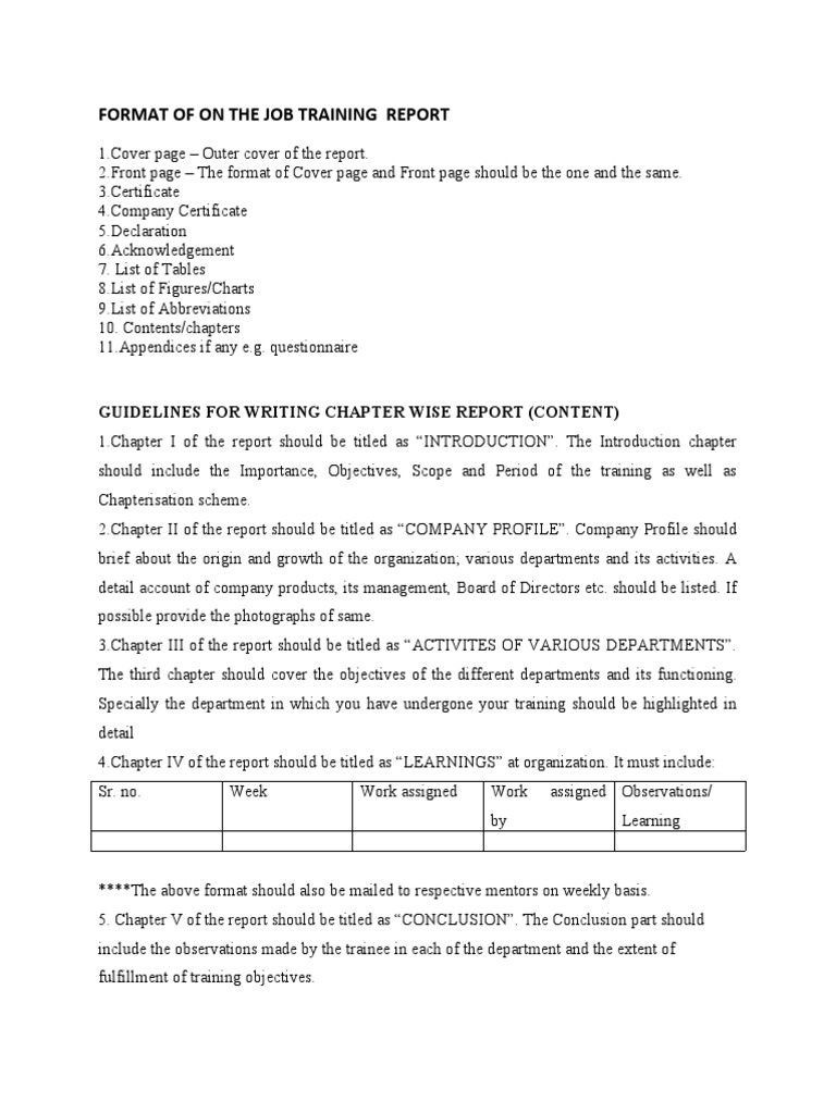 Format of On The Job Training Report: Guidelines For Writing Chapter ...