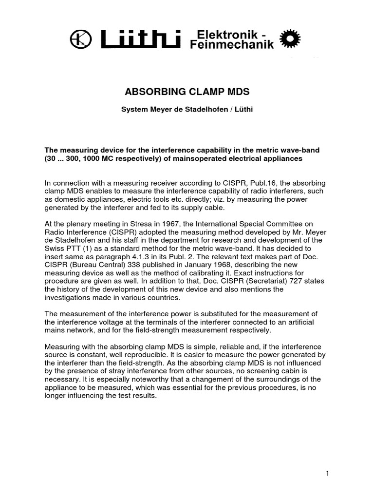 Absorbing Clamp MDS: System Meyer de Stadelhofen / Lüthi | PDF | Mains ...