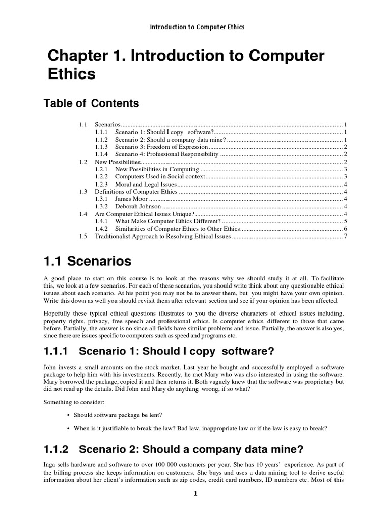 Chapter 1. Introduction To Computer Ethics: 1.1 Scenarios | PDF ...