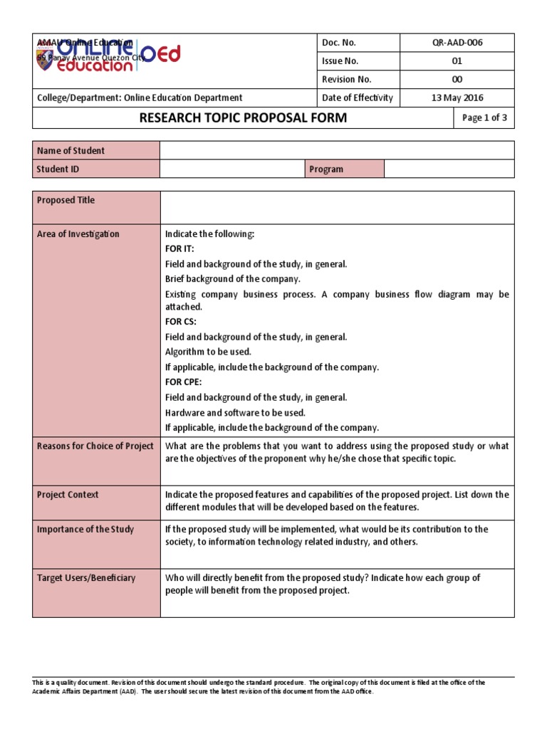 Research Topic Proposal Form: 59 Panay Avenue Quezon City | PDF ...