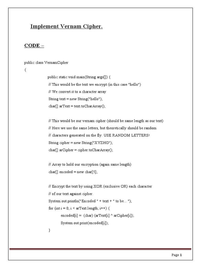 Implement Vernam Cipher.: Code | PDF