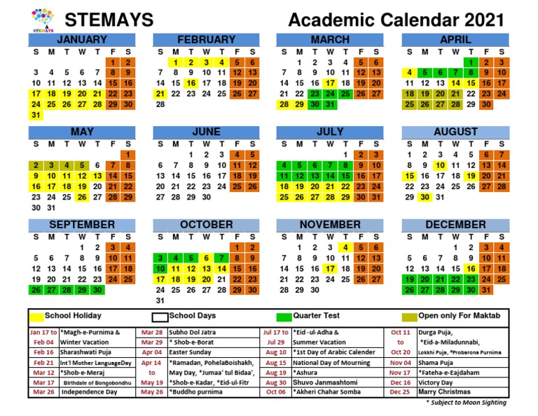 Stemays Academic Calendar 2021: February March April January | PDF ...