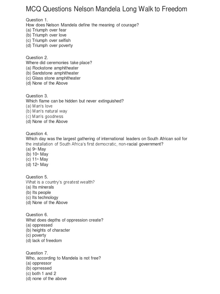 MCQ Questions Nelson Mandela Long Walk To Freedom | PDF | Nelson ...