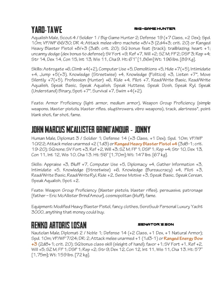 Star Wars D20 - Character Samples | PDF