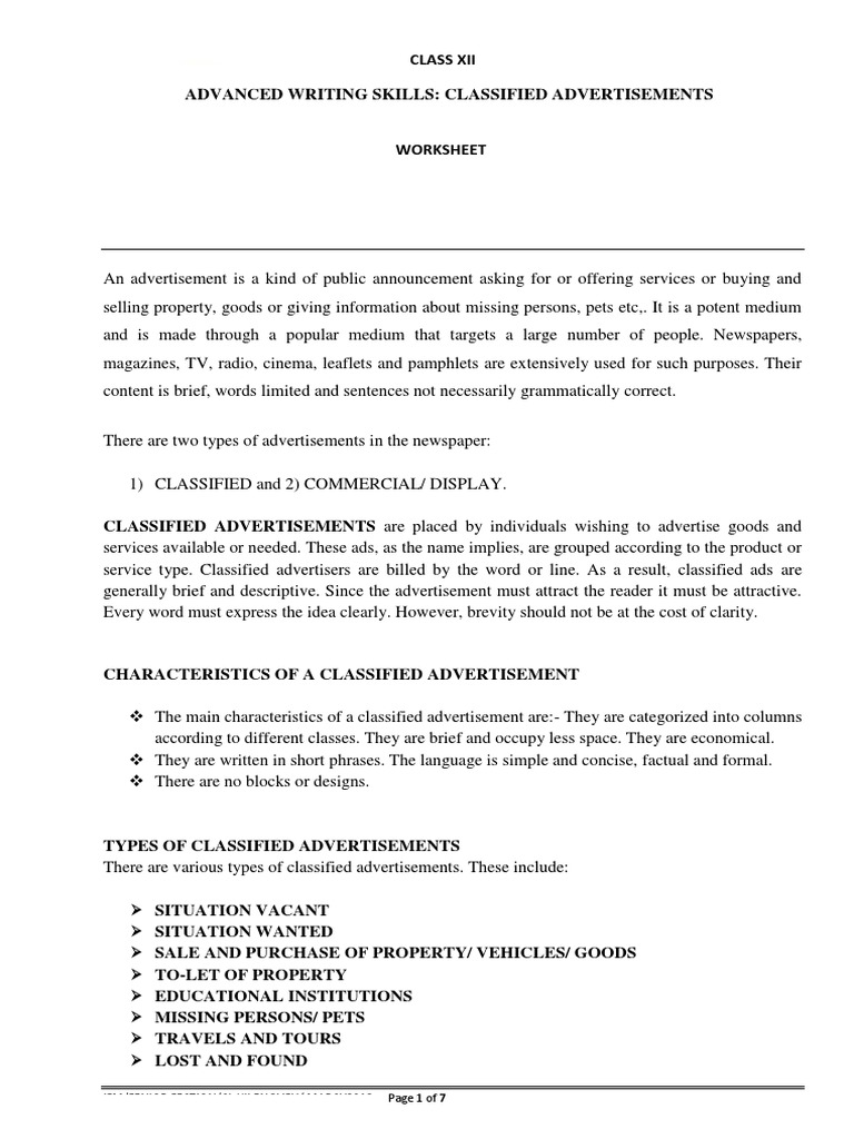 Class - Xii - English - Classified Advertisements - Worksheet - 2018-19 ...