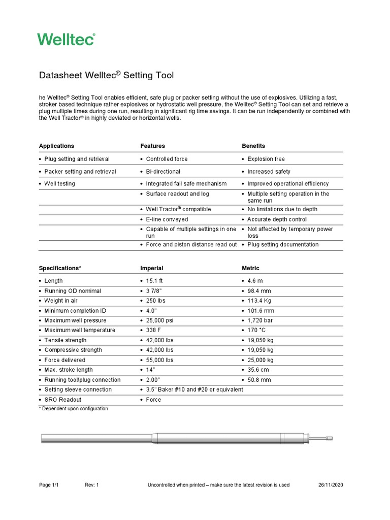 Datasheet Welltec Setting Tool: Applications Features Benefits | PDF ...