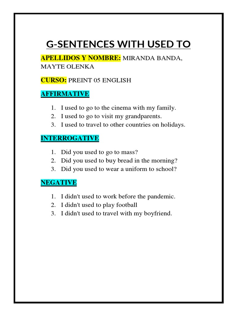 G-Sentences With Used To (Miranda Banda, Mayte Olenka) | PDF