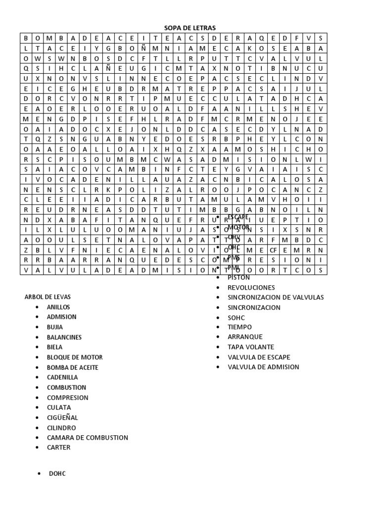 Sopa de Letras: Mecánica Automotriz | PDF | Máquinas rotativas ...