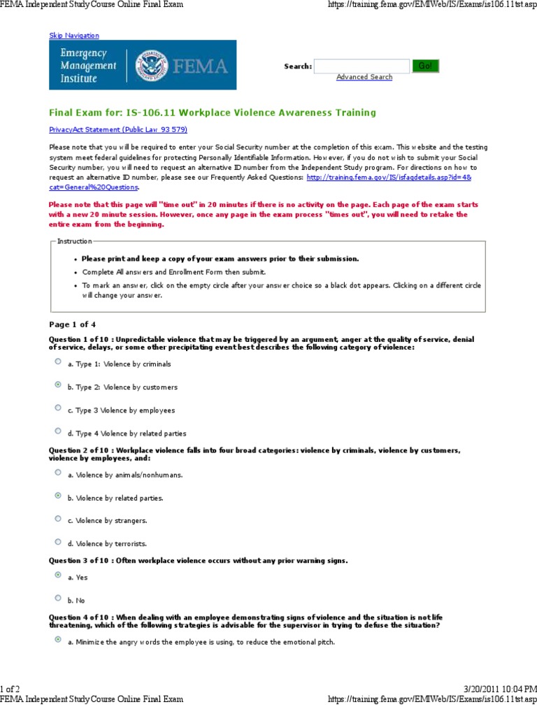 FEMA Independent Study Course Online Final Exam1 | PDF | Federal ...