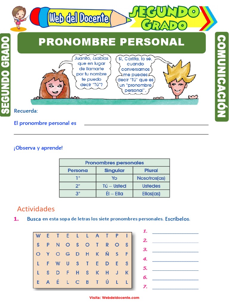 Hojas De Trabajo Gratuitas Sobre Pronombres Para Segundo Grado