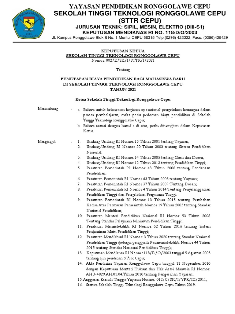 Biaya Kuliah Baru STTR Cepu 2021 | PDF