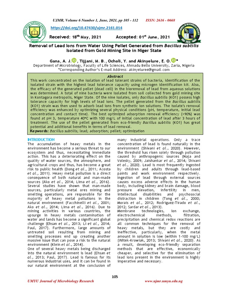 Removal of Lead Ions From Water Using Pellet Generated From Bacillus ...