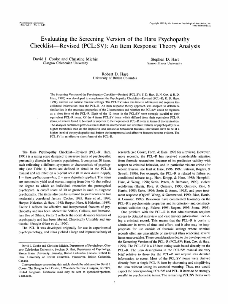 Hare Psychopathy Checklist-Revised | PDF