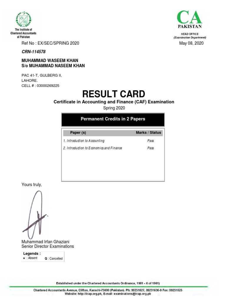 Result Card: Certificate in Accounting and Finance (CAF) Examination | PDF