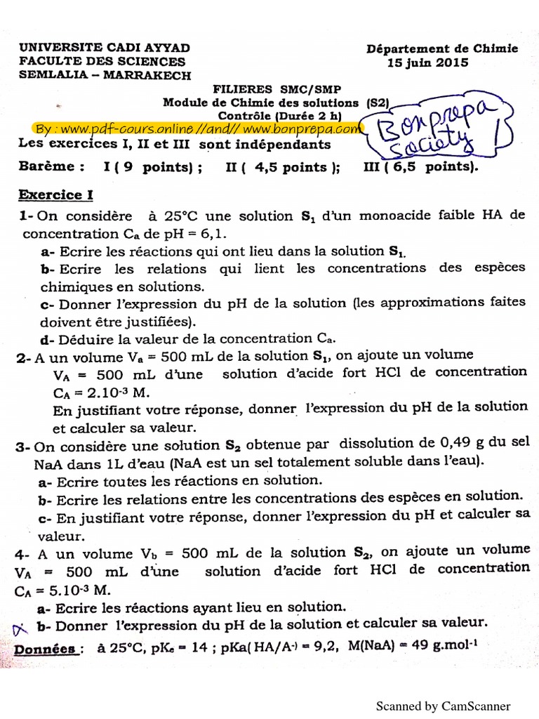 3 Examen Chimie en Solution s2 SMPC 2015 + Corrigé | PDF