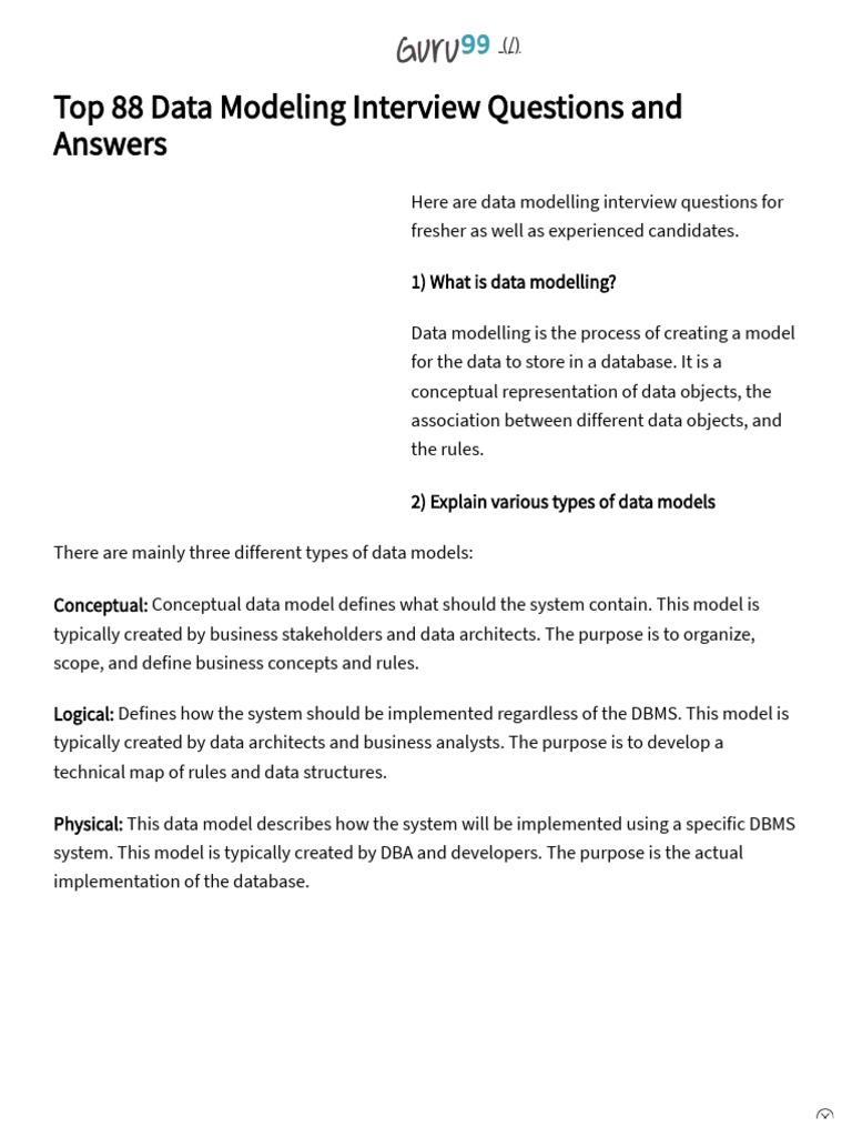 Top 88 Data Modeling Interview Questions and Answers | PDF | Relational Database | Data Model