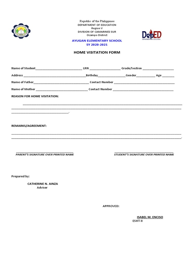 Home Visitation Form: Ayugan Elementary School SY 2020-2021 | PDF