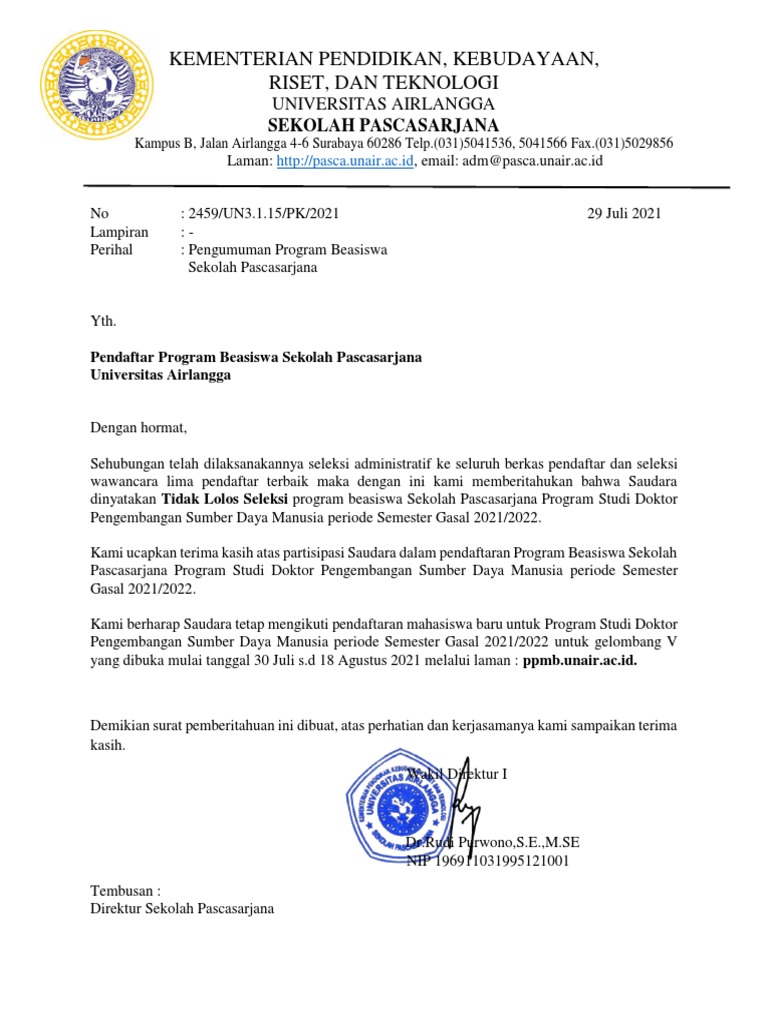 Surat Pemberitahuan Ke Pendaftar Beasiswa S3 PSDM | PDF | Karier & Perkembangan