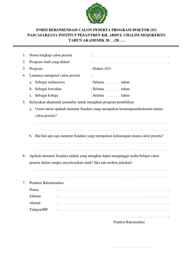 Form Rekomendasi Calon Peserta Program Doktor | PDF
