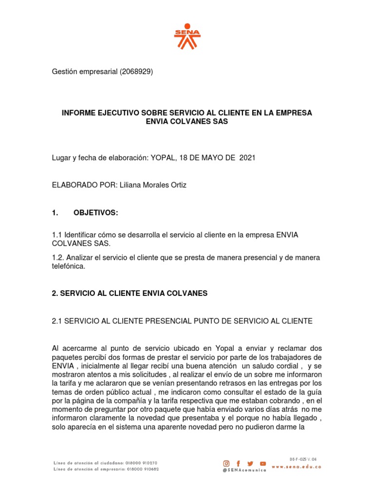 Informe Ejecutivo Servicio Al Cliente. | PDF | Servicio al Cliente ...