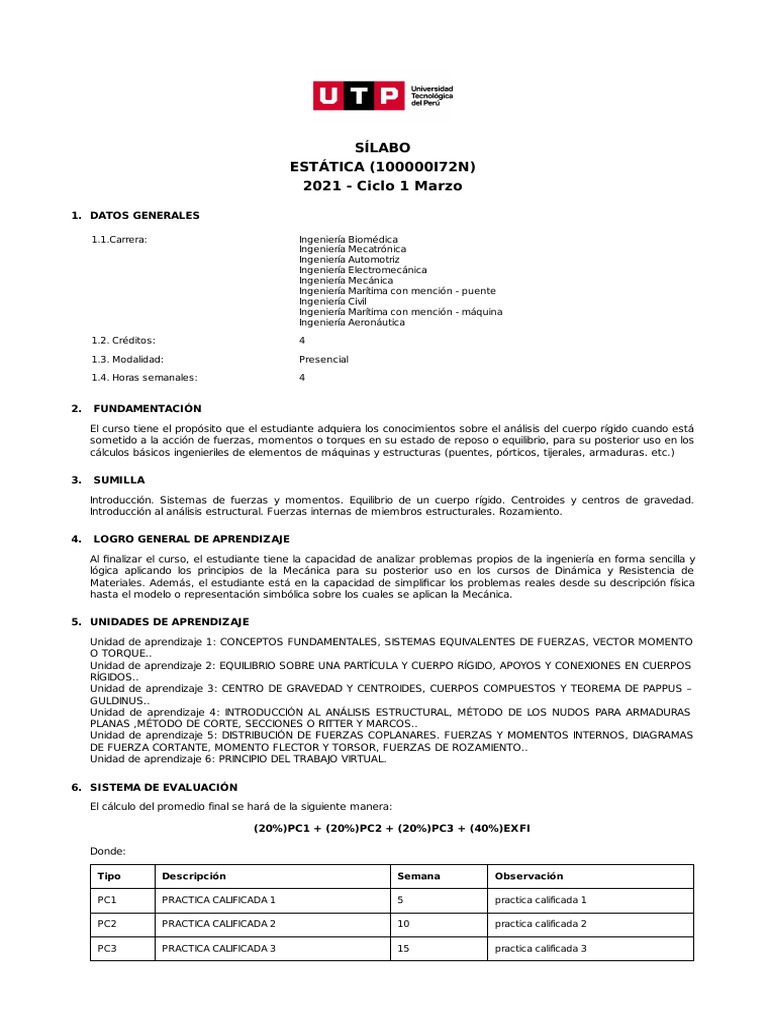 Silabo Estatica UTP | PDF | Ingeniería mecánica | Ingeniería
