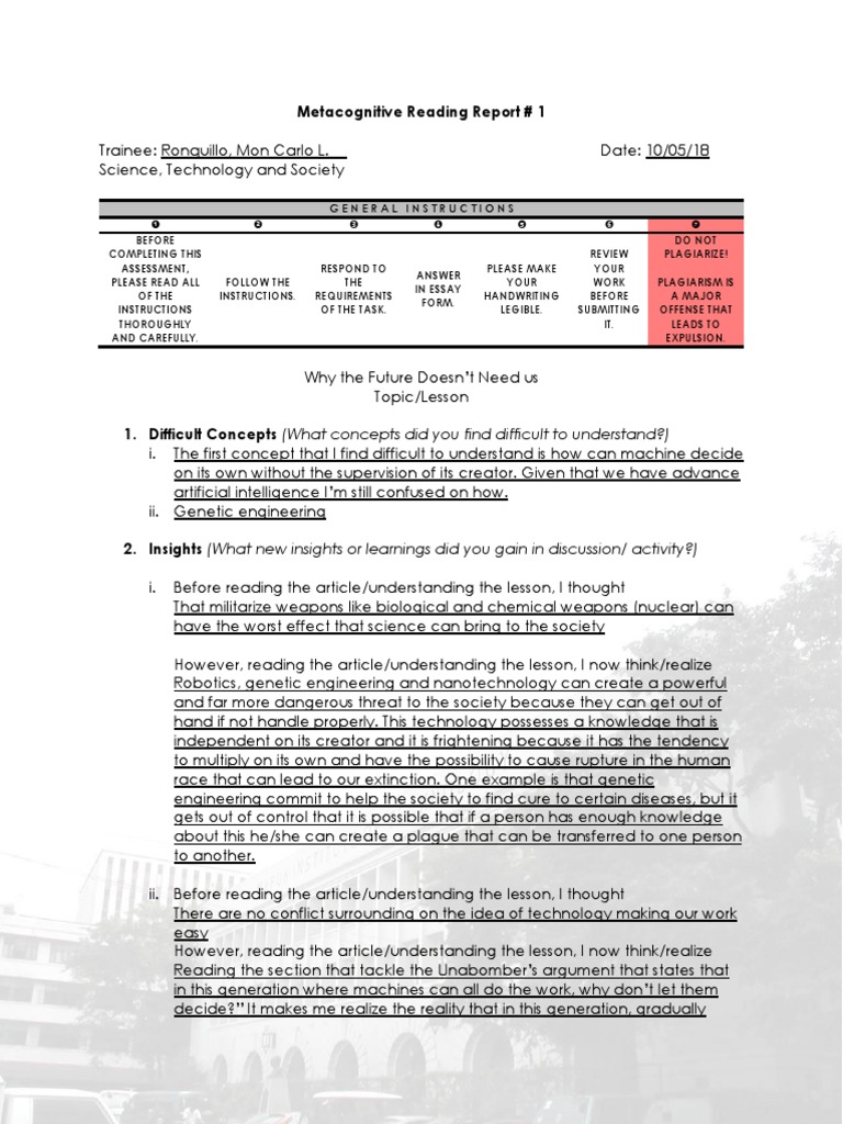 Metacognitive Reading Report # 1: General Instructions | Download Free ...