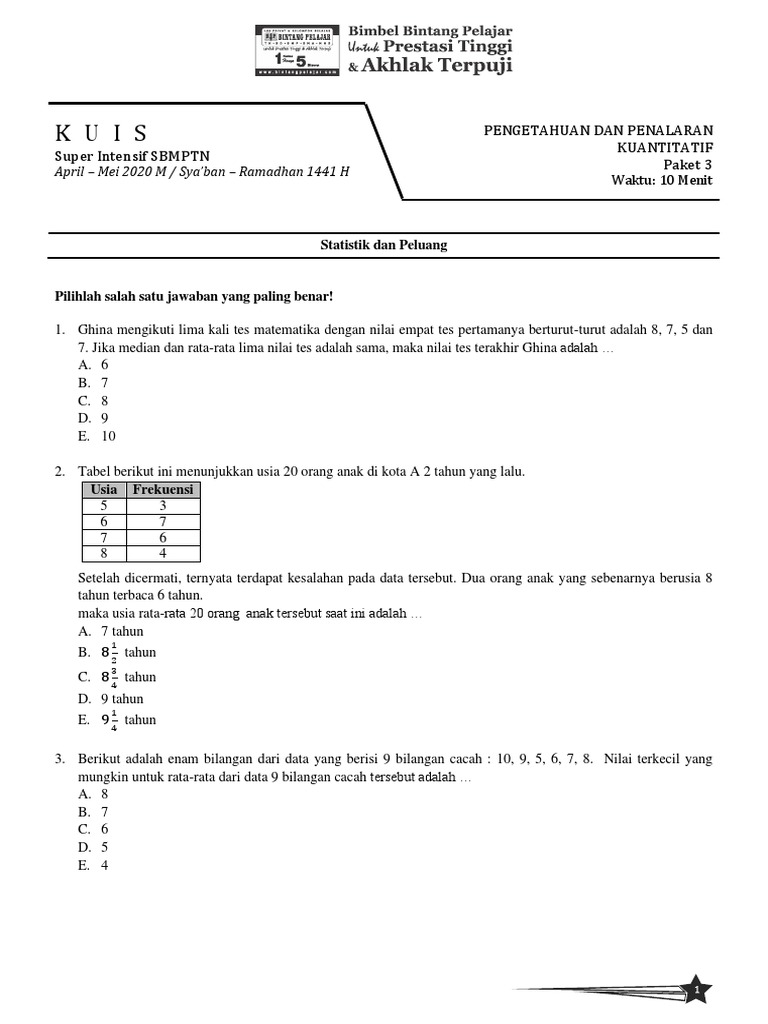Soal KUIS SI SBMPTN - PPKuantitatif - Paket 3 (Layout) TA19-20 | PDF