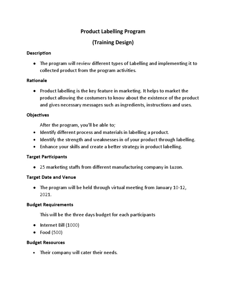 Product Labelling Program (Training Design) : Description | PDF