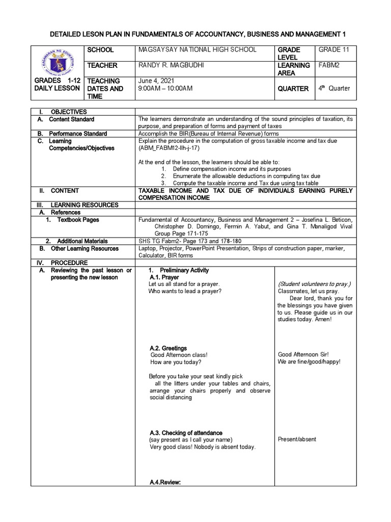 Lesson Plan Income Taxation FINAL | PDF | Tax Exemption | Taxation