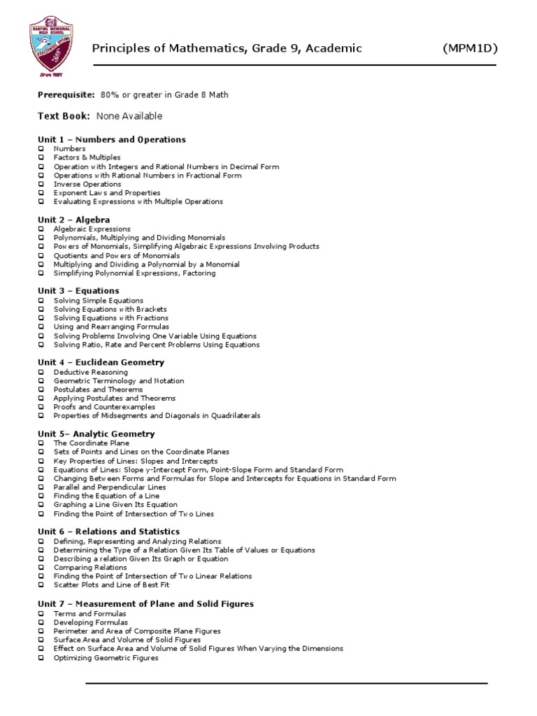 Grade 9 Math Curriculum Overview | PDF | Line (Geometry) | Equations