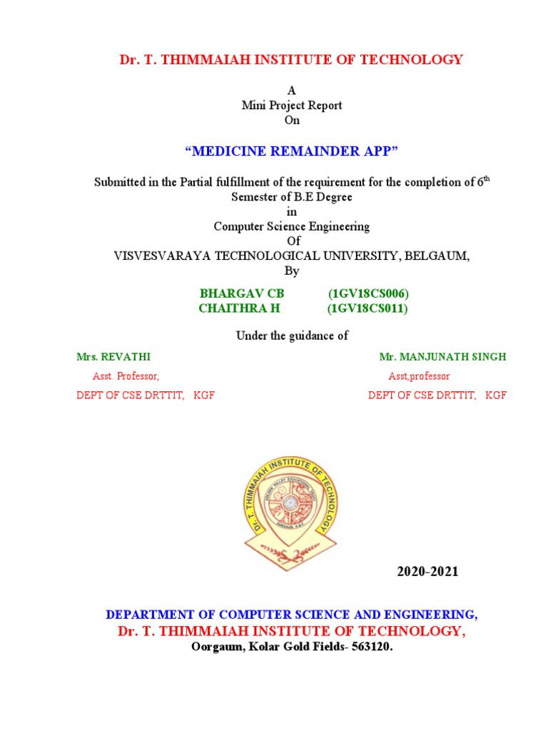 Dr. T. Thimmaiah Institute of Technology: "Medicine Remainder App ...