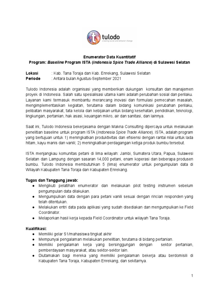 Ista Loker Enumerators Tana Toraja Dan Enrekang | PDF