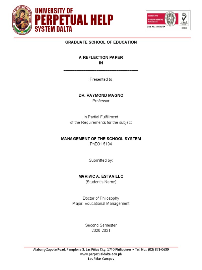 Reflection Paper Management of School System Reflection | PDF ...