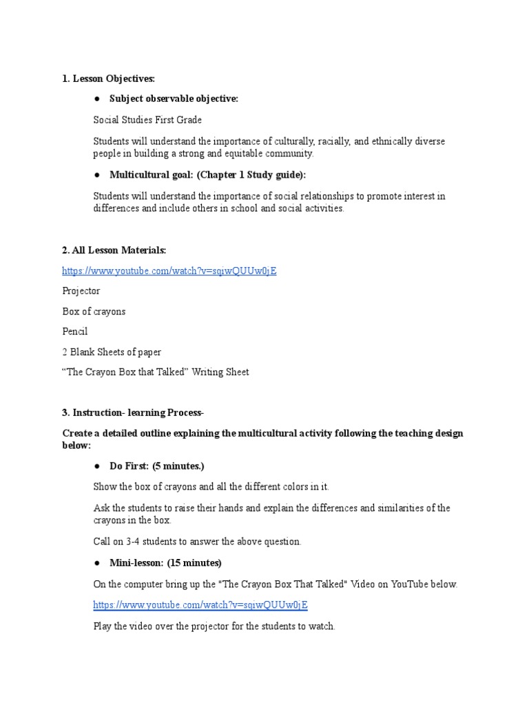 Multicultural Lesson Plan for First Graders | PDF | Lesson Plan ...