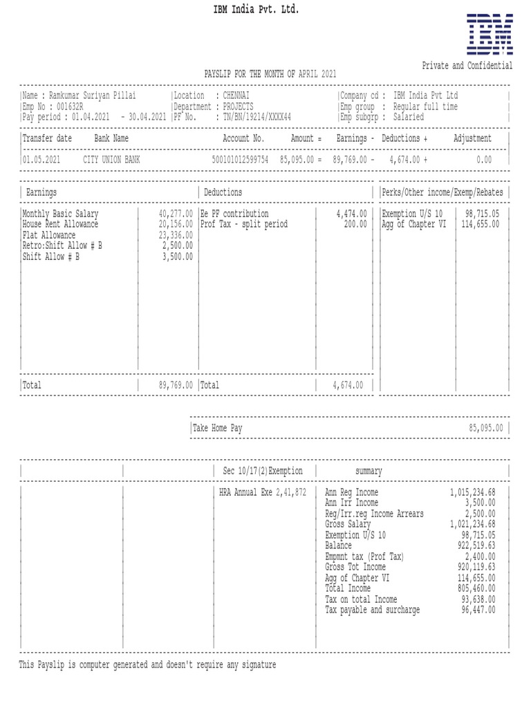 IBM Chennai April 2021 Payslip | PDF | Tax Refund | Policy
