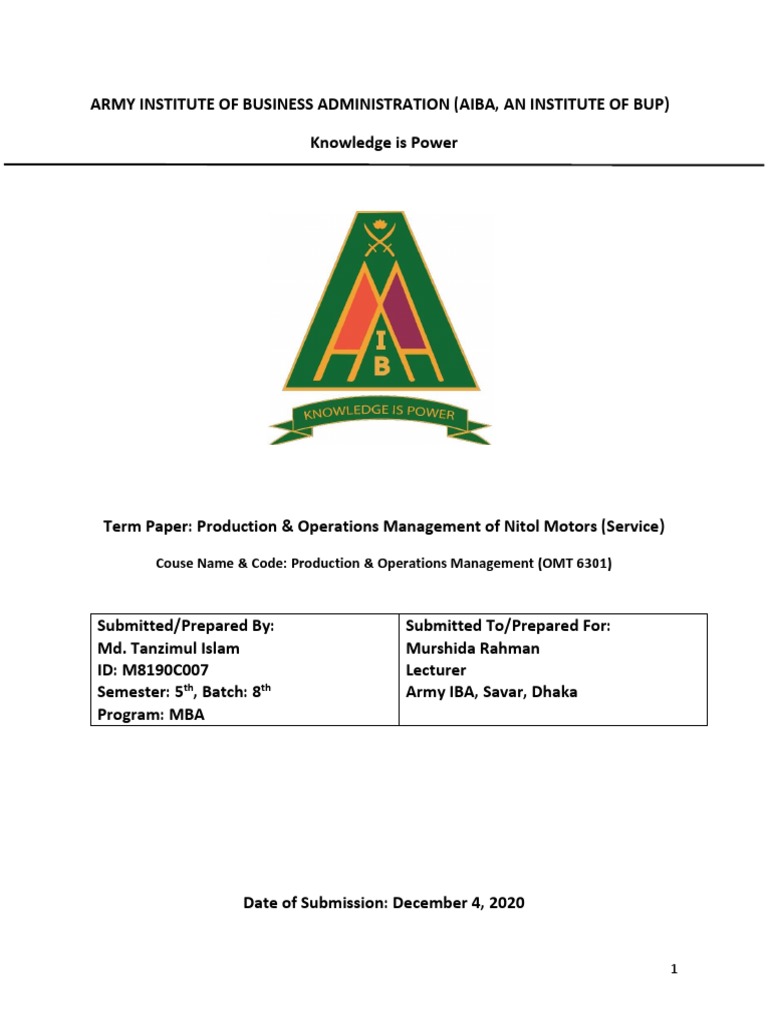 Term Paper-Production & Operations Management of Nitol Motors LTD ...