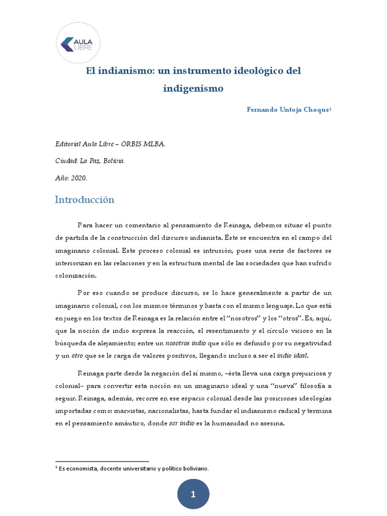 Fernando Untoja El Indianismo Un Instrumento Ideológico Del Indigenismo ...