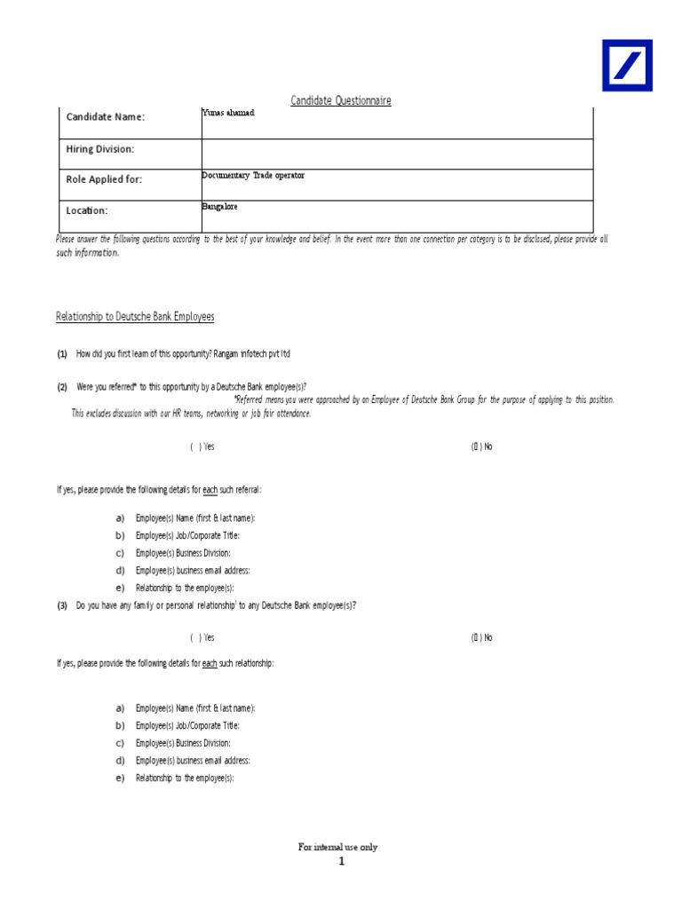 Candidate Questionnaire | PDF | Conflict Of Interest | Banks
