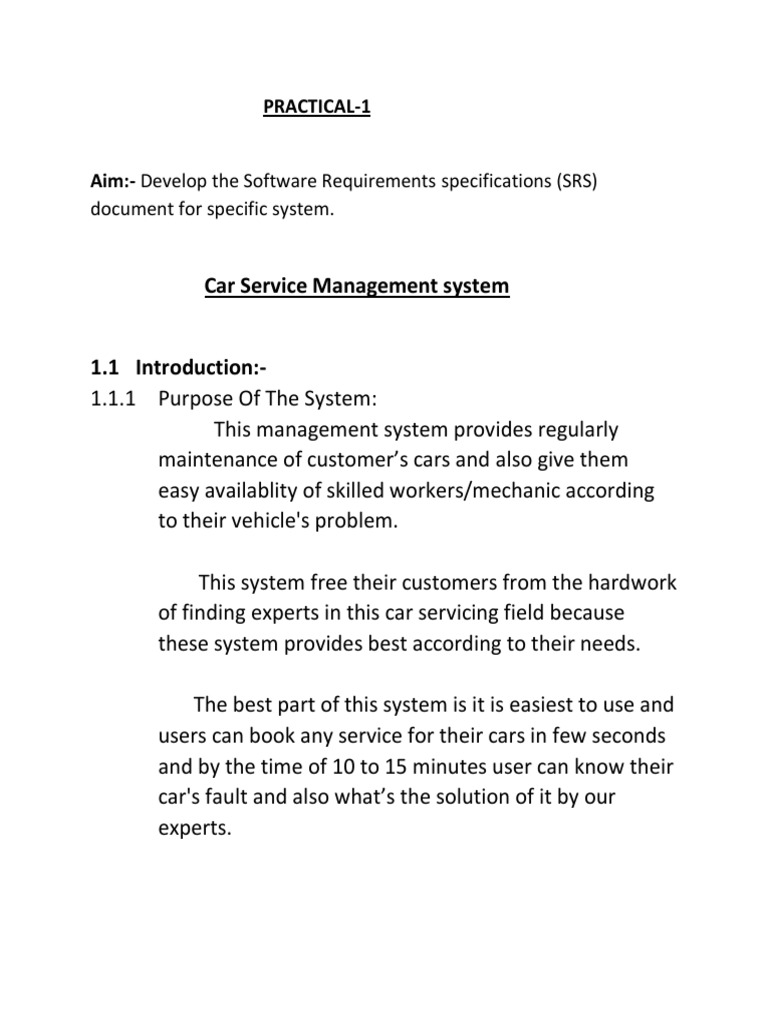 Car Service Management System: Aim:-Develop The Software Requirements Specifications (SRS) | PDF ...