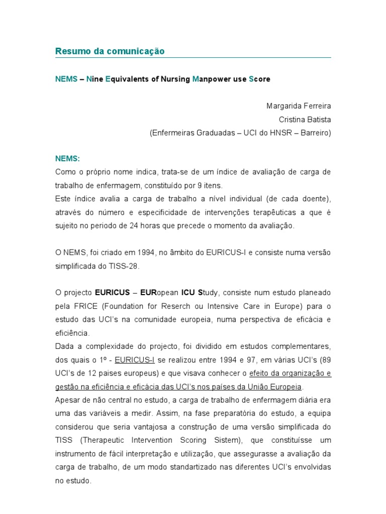 NEMS - Nine Equivalents of Nursing Manpower Use Score | PDF ...